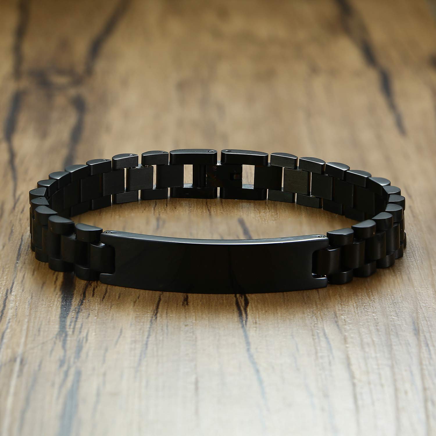 MEALGUET Personalized Customized Free Engraving Stainless Steel Chain Watch Band Wristband Link ID Bracelets for Men Women, Black