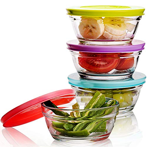 Small Glass Storage Containers with Lids, Stackable Bowls, Set of 4 with Multi-Colored BPA Free Lids for Cooking Prep, Sauce, Custard, Snack, Condiments, 8.5 oz Capacity