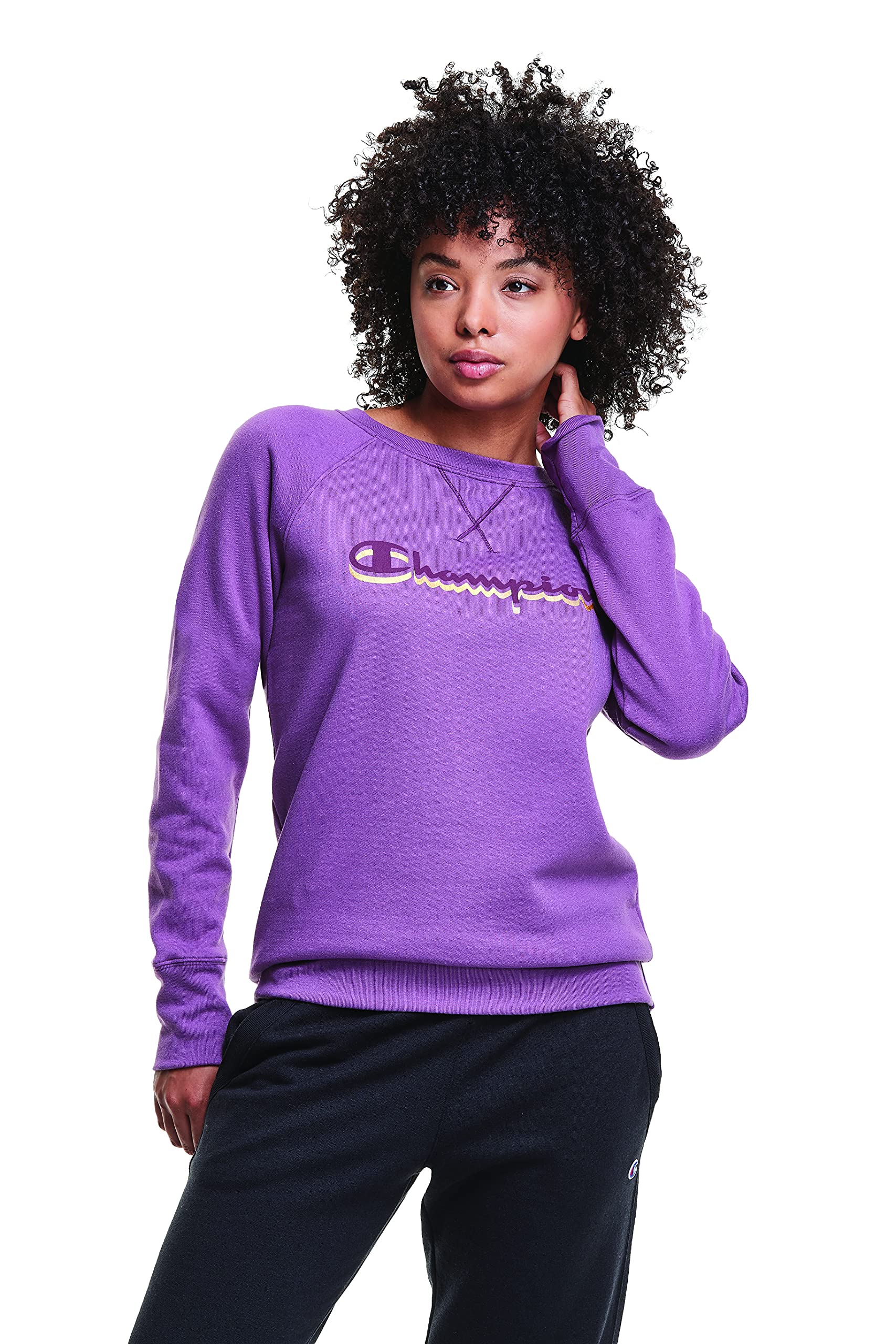 Champion Women's Powerblend Crew, Full Script, Midnight Aster-586979, Small