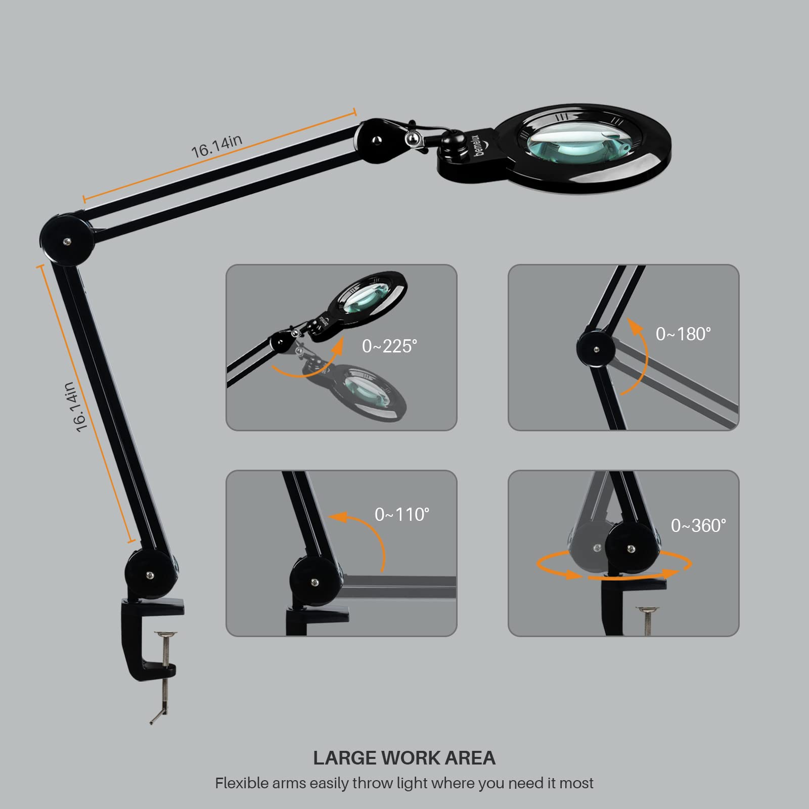 Bemelux Bifocals Magnifying Desk Lamp with Clamp, 5 Diopter with 20 Diopter, 6 Inch Detachable Lens and 120PCS LEDs, 3 Color Modes 1200 Lumens Swivel Arm Magnifying Lamp with Light for Crafts