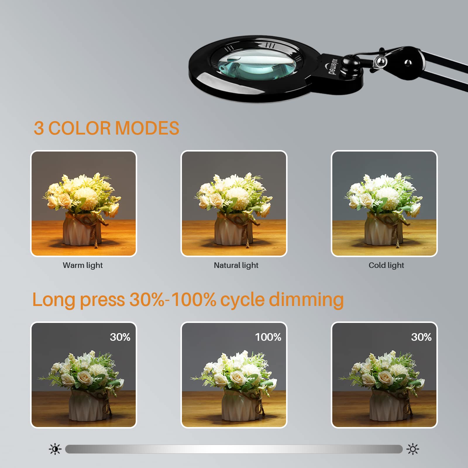 Bemelux Bifocals Magnifying Desk Lamp with Clamp, 5 Diopter with 20 Diopter, 6 Inch Detachable Lens and 120PCS LEDs, 3 Color Modes 1200 Lumens Swivel Arm Magnifying Lamp with Light for Crafts