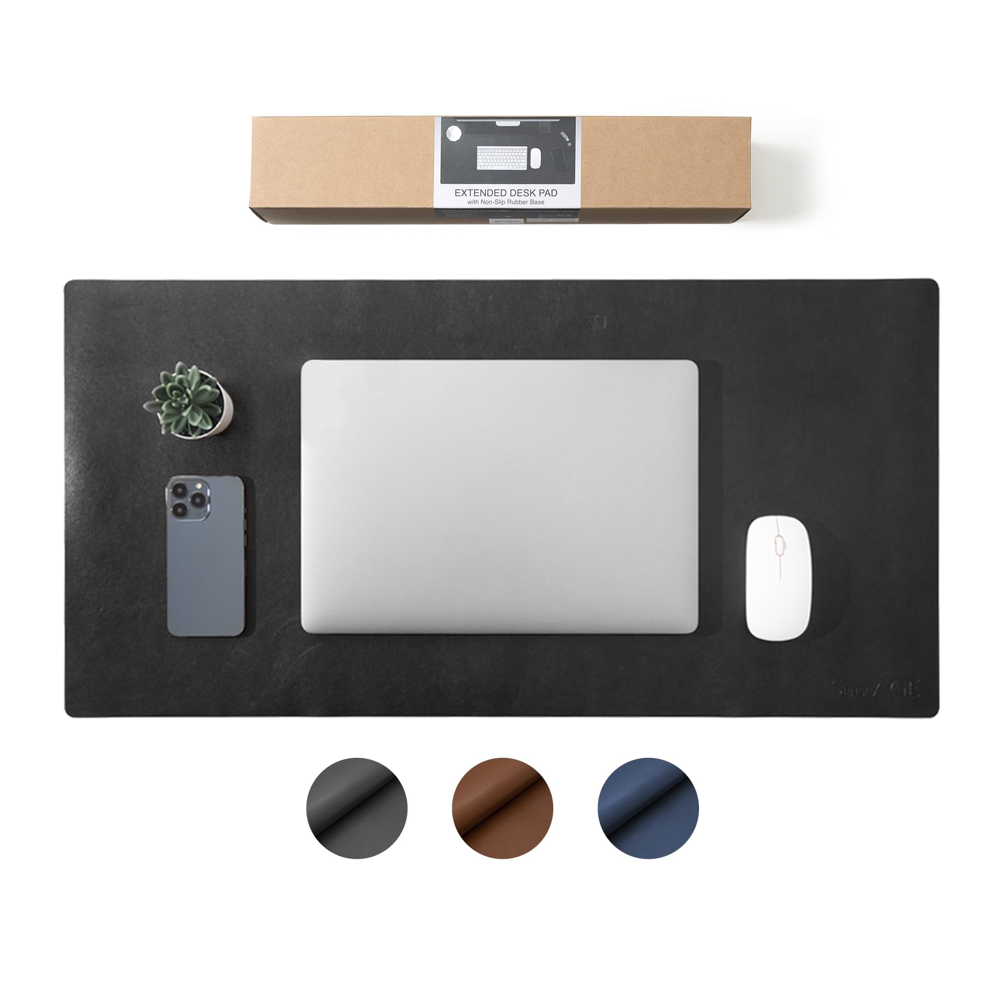 SenseAGE Leather Desk Pad Protector, Natural Rubber Office Desk Mat Mouse Pad, Non-Slip PU Leather Desk Blotter, Water-Resistant Laptop Writing Desk Pad for Office and Home (31.5” x 15.8”, Black)