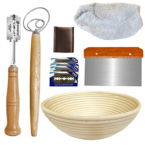 10inch Round Banneton Proofing Basket Set Bread Baking Kit, Dough Scraper, Bread Lame, Danish Dough Whisk Sourdough Proofing Basket Artisanal Bread Bread Making Tools and Supplies Set (10inch round)