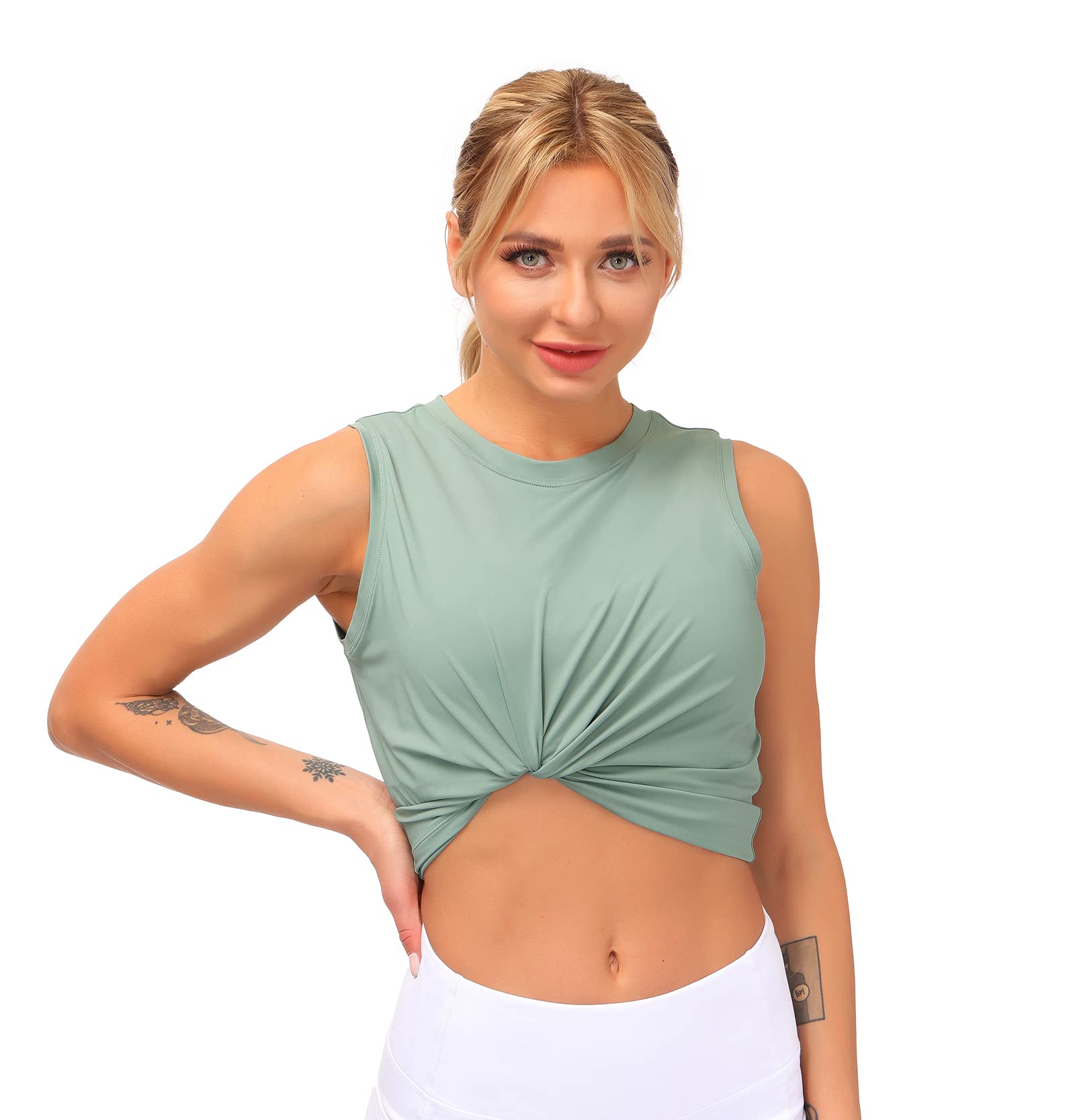 Dragon Fit Women Sleeveless Yoga Tops Workout Cool T-Shirt Running Short Tank Crop Tops (Light Green, Small)