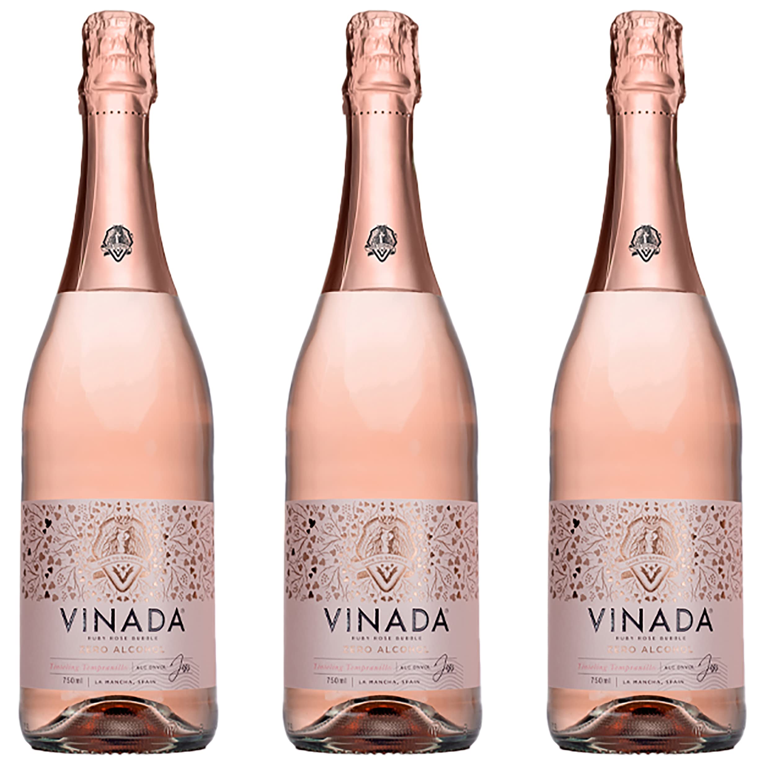 VINADA - Sparkling Rosé - Zero Alcohol Wine - 750 ml (3 Glass Bottles)