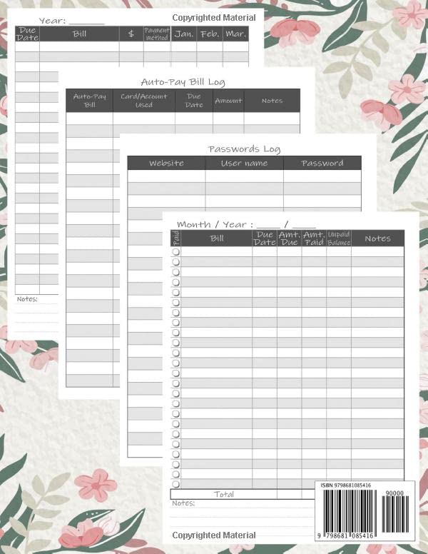 Bill Tracker: Monthly Bill Planner, Bill Tracker Journal, Monthly Bill Organizer & Payments Checklist Log Book, Flower Cover