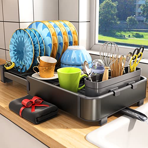 Dish Drying Rack, Aluminium Rustproof Expandable (14.9''-22.3'') Kitchen Counter Dish Rack with Drainboard, Dish Drainer with Drying Mat Utensil Holder Sink Caddy, Black
