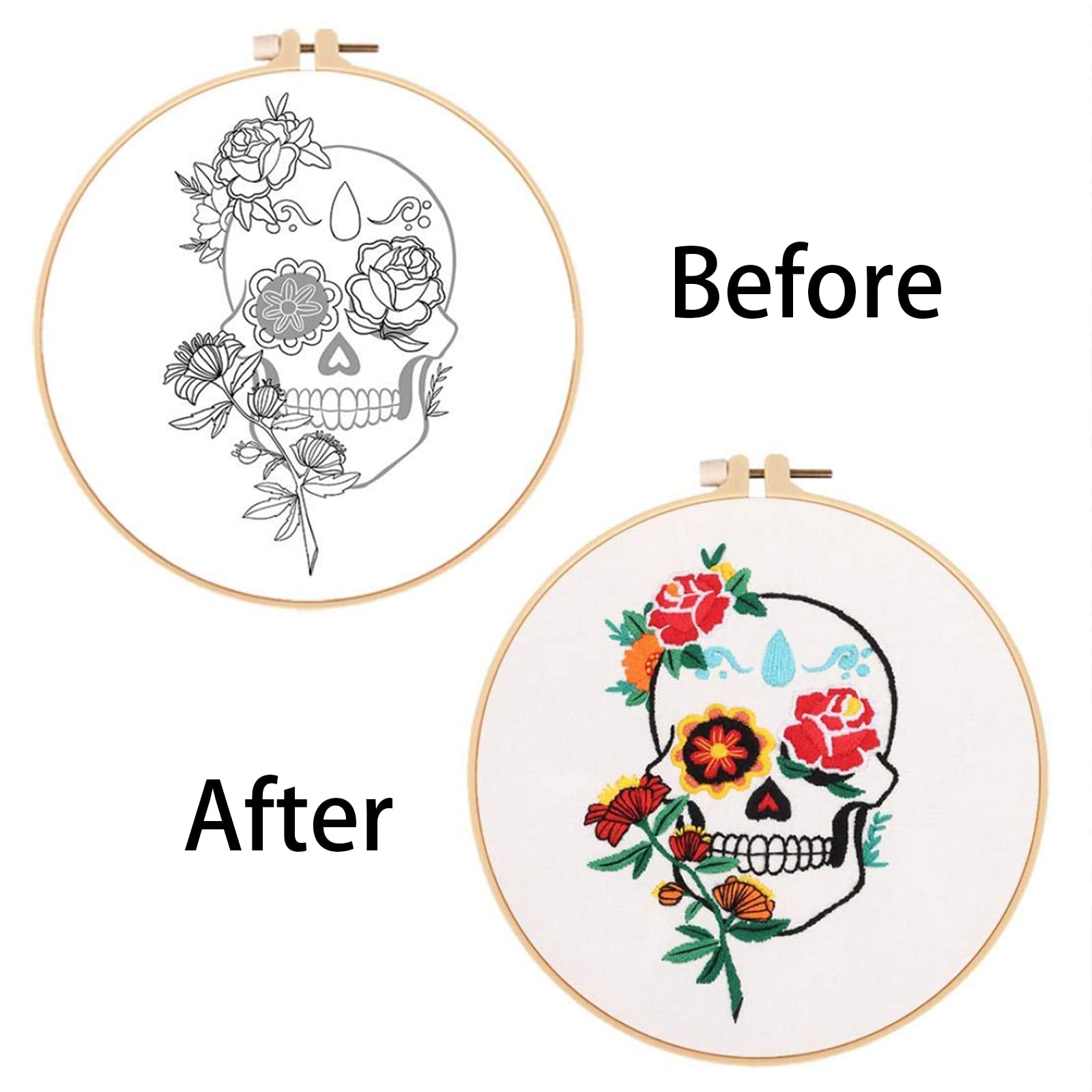 Nuberlic Embroidery Kit Cross Stitch Kits for Beginners Skull with Flowers Pattern DIY Needlepoint Kit for Adults