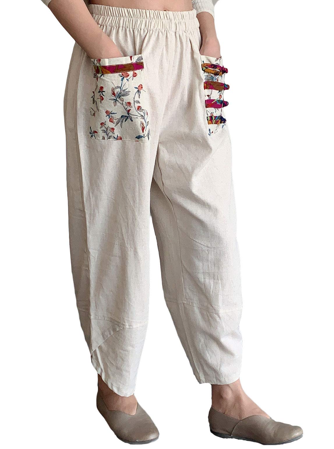 Minibee Women's Baggy Linen Wide Leg Trousers Casual Patchwark Elastic Waist Harem Pants Linen XL