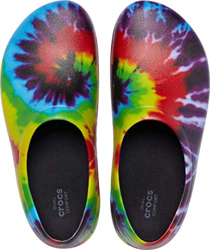 Crocs Men's and Women's On The Clock Clog | Slip Resistant Work Shoes, Tie Dye, 11 Women/9 Men