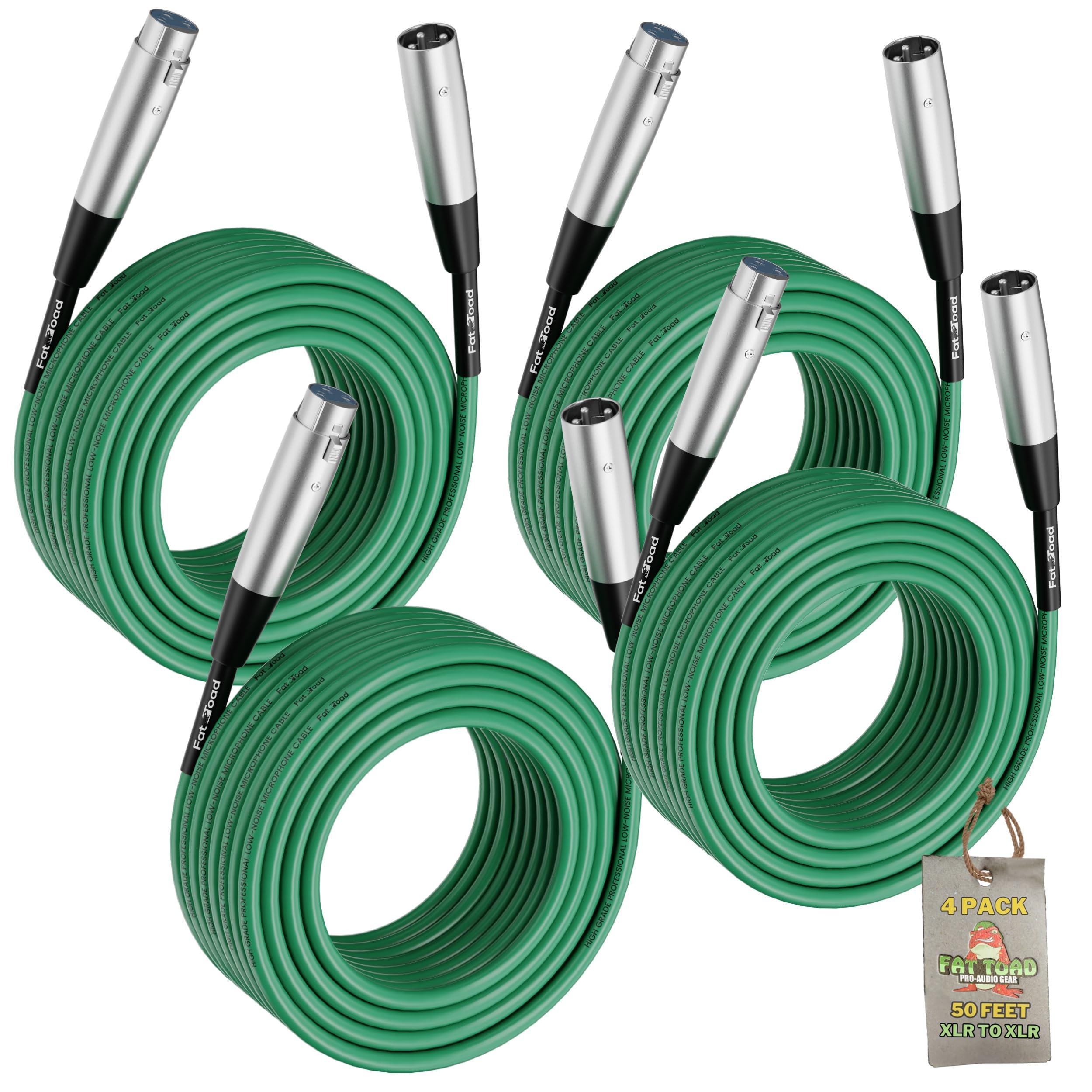 Fat Toad XLR Microphone Cables (4 Pack) 50ft Professional Pro Audio Green Mic Cord Extension Patch with Lo-Z Connector | 24 AWG Shielded Wire & Balanced for Music Recording Studio Mixer Gear