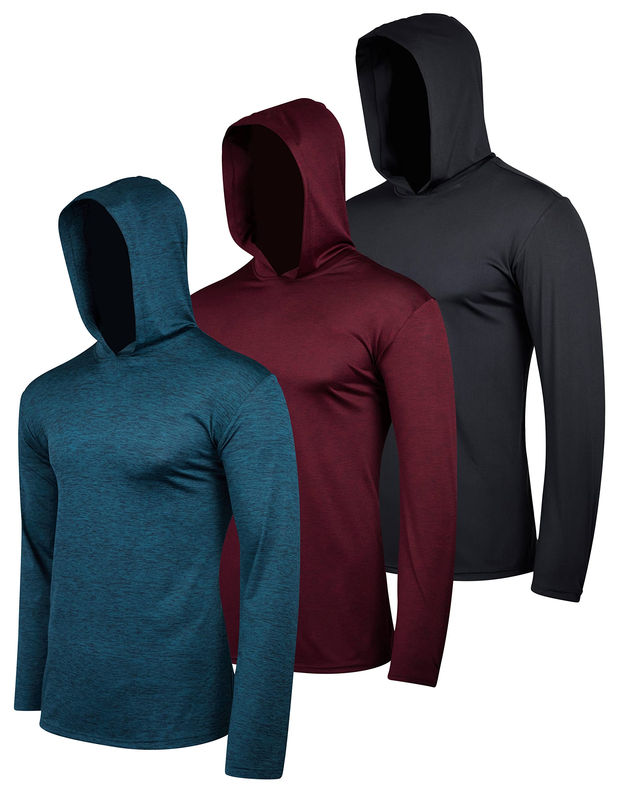 3 Pack: Men’s Quick Dry Fit Moisture Wicking Long Sleeve Fishing Active Athletic Hoodie Performance Hooded TShirt Workout Running Gym Sports Casual Sweatshirt UPF 50 Outdoor Hiking-Set 2, Large