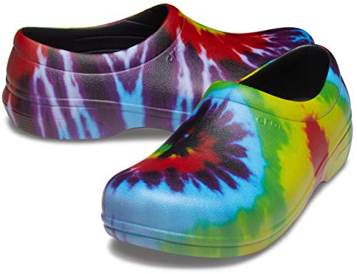Crocs Men's and Women's On The Clock Clog | Slip Resistant Work Shoes, Tie Dye, 11 Women/9 Men