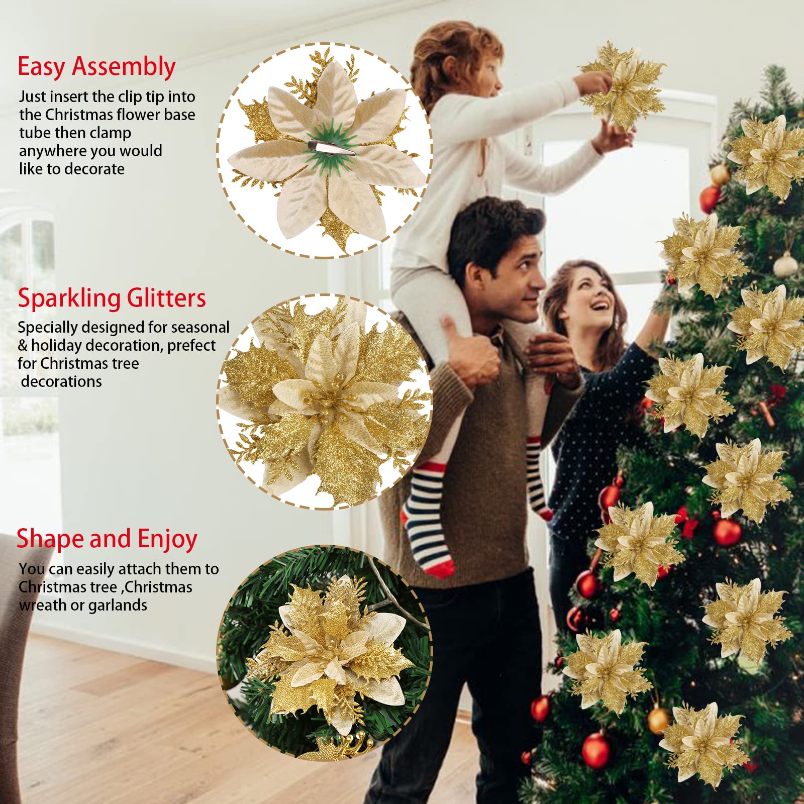 GREENTIME 12 Pcs Glitter Poinsettia 5.5" Artificial Flowers Christmas with Clips Stems Xmas Tree Ornaments for Wedding Party Wreath Decoration (Golden)