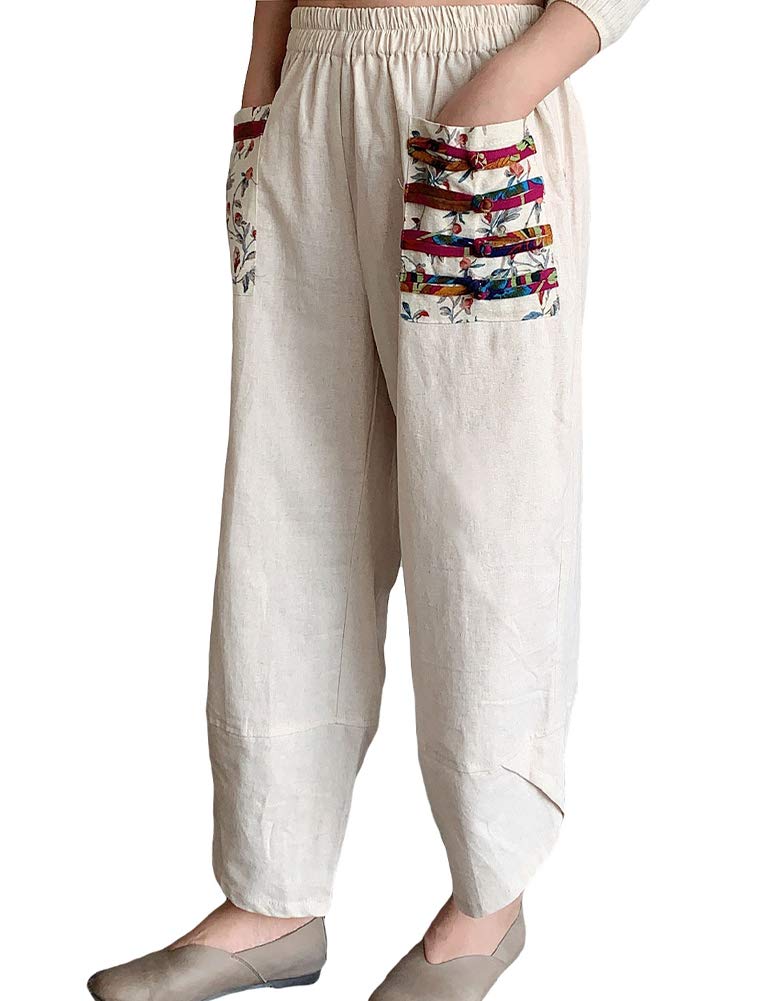 Minibee Women's Baggy Linen Wide Leg Trousers Casual Patchwark Elastic Waist Harem Pants Linen XL
