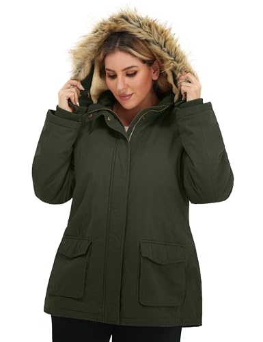 Soularge Women's Winter Plus Size Warm Faux Fur Coat Outerwear(Army Green, 5X)