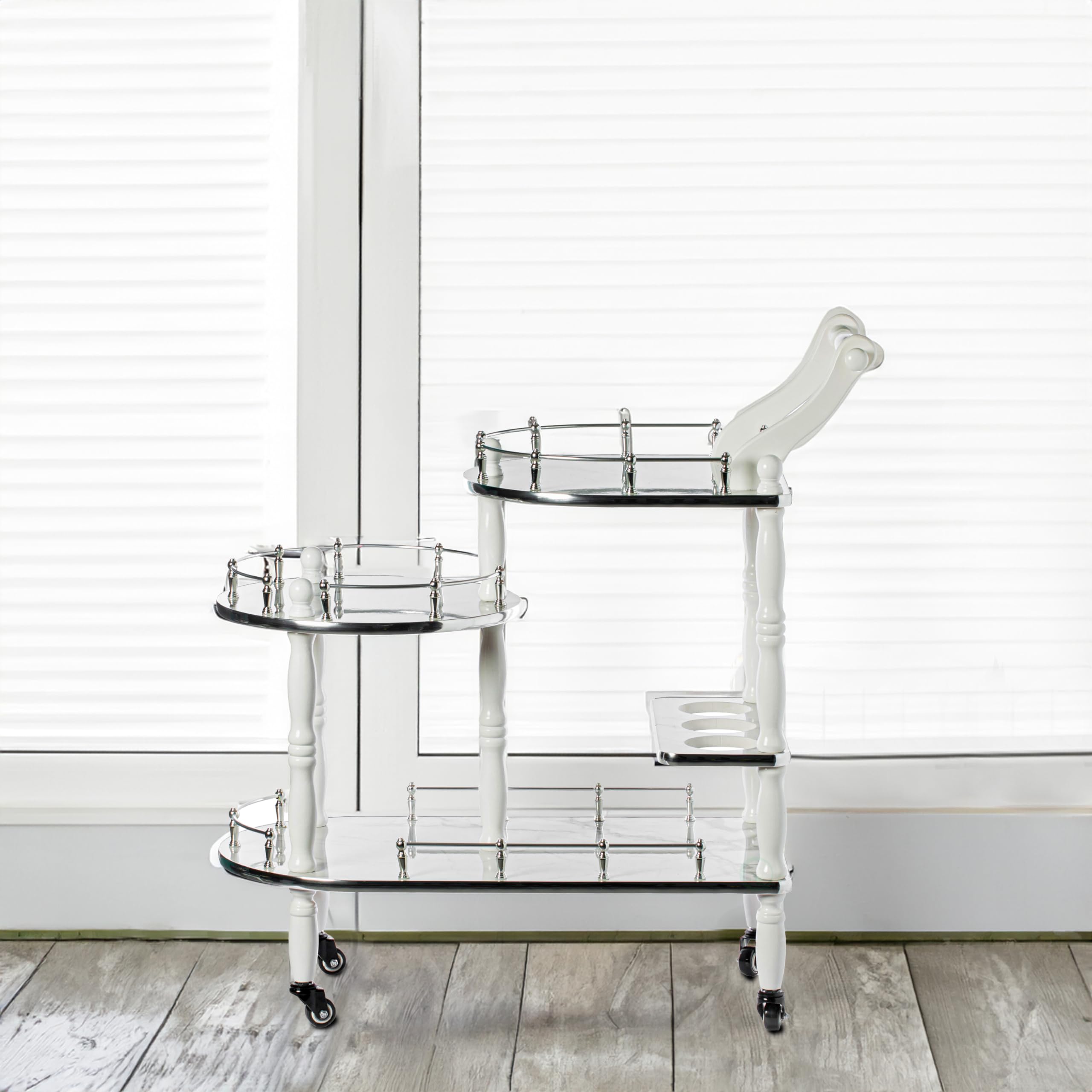 Serving Bar Cart Tea Trolley, 3 Tier Shelves on Rolling Wheels, Mobile Liquor Bar for Wine Beverage Dinner Party, Kitchen Storage Island Coffee Cabinet for Dining Living Room, Wood, Silver White, Gray