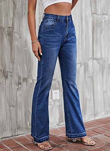 LONGBIDA Skinny Bell Bottom Jeans High Waisted Stretch Straight Slim Fit Denim Pants(Dark Blue,L)