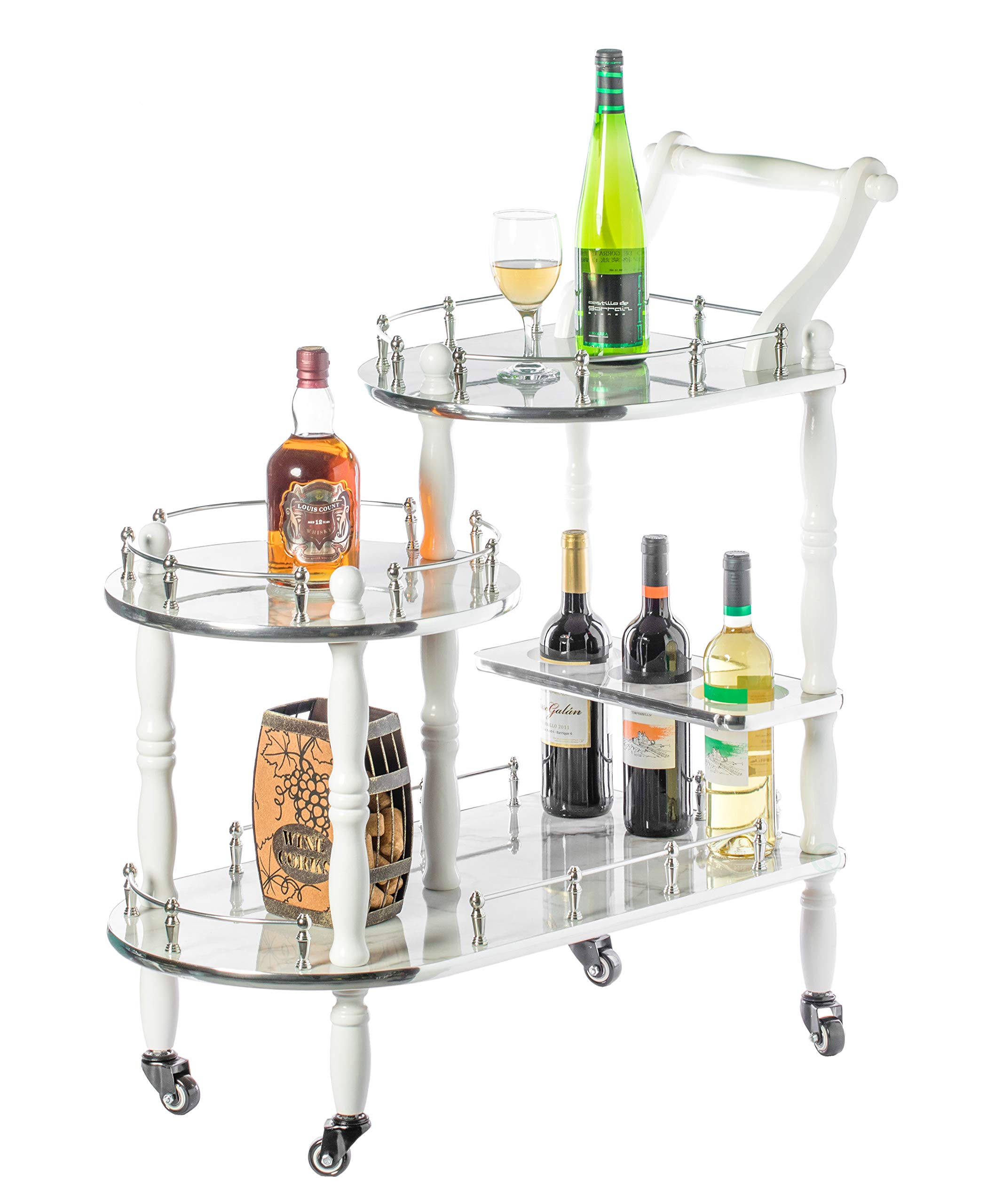 Serving Bar Cart Tea Trolley, 3 Tier Shelves on Rolling Wheels, Mobile Liquor Bar for Wine Beverage Dinner Party, Kitchen Storage Island Coffee Cabinet for Dining Living Room, Wood, Silver White, Gray