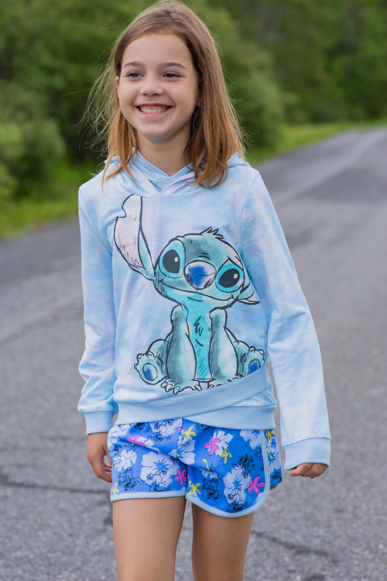 Disney Lilo & Stitch Little Girls French Terry Pullover Crossover Hoodie Tie Dye Blue 7-8
