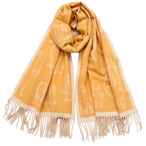 Women's Fringed Scarf Cat Print Pattern Cape Winter Cashmere Feel Shawl Warm Wrap Cat Yellow