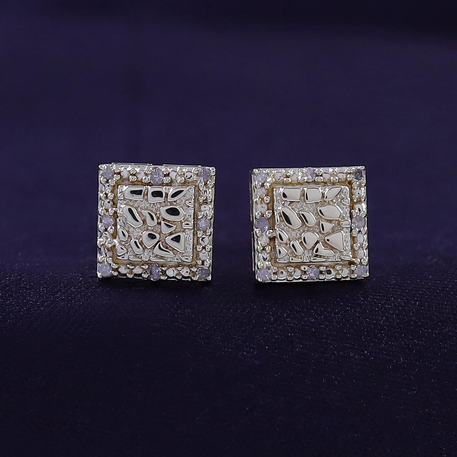 Round Natural White Diamond, Accents Square Shape Nugget Men's Studs Earrings in 10k Solid Yellow Gold (0.05 cttw) Screw Back Earring's gift for men's