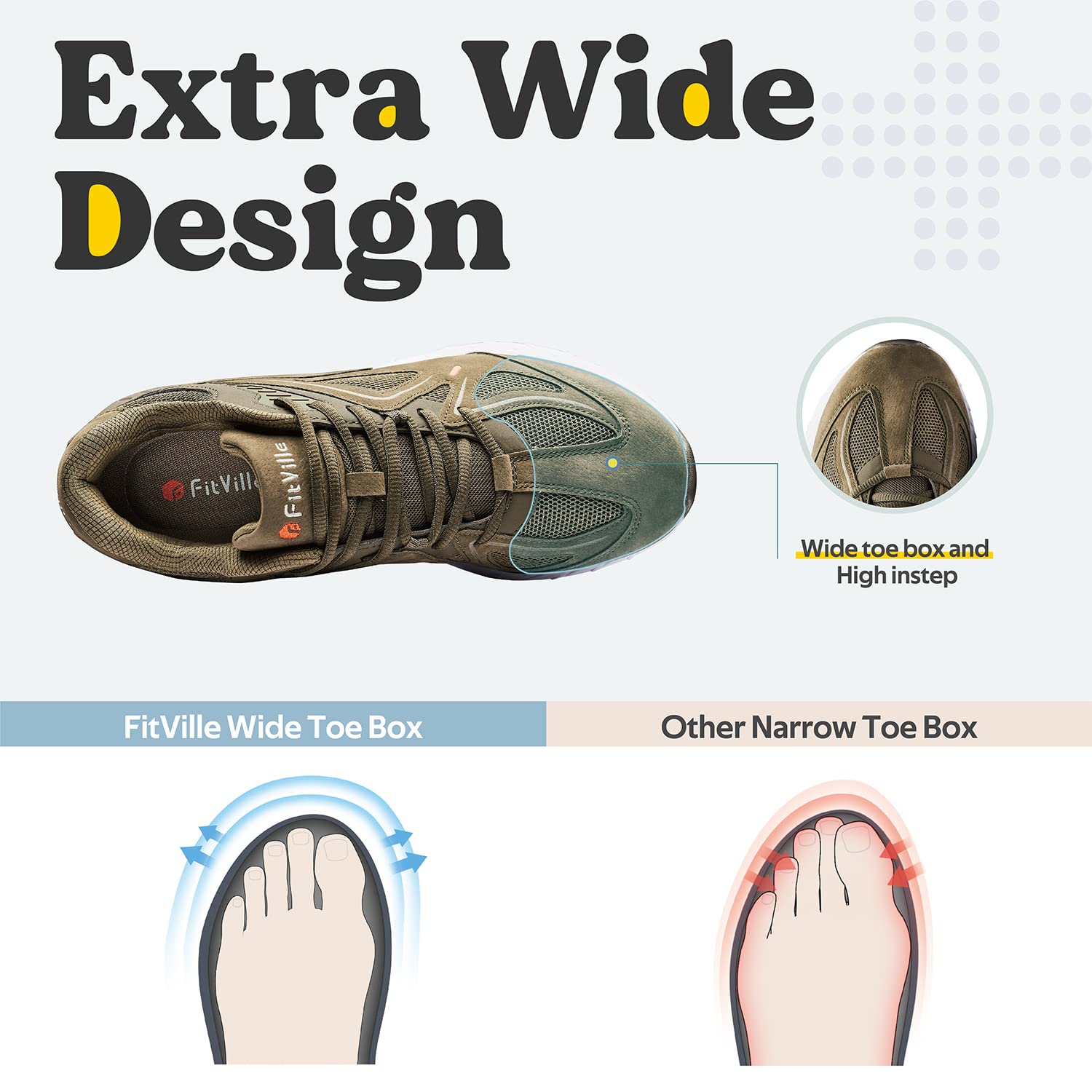 FitVille Wide Walking Shoes for Men Wide Width Sneakers for Flat Feet Arch Fit Heel Pain Relief - Rebound Core (10 Wide, Army Green)