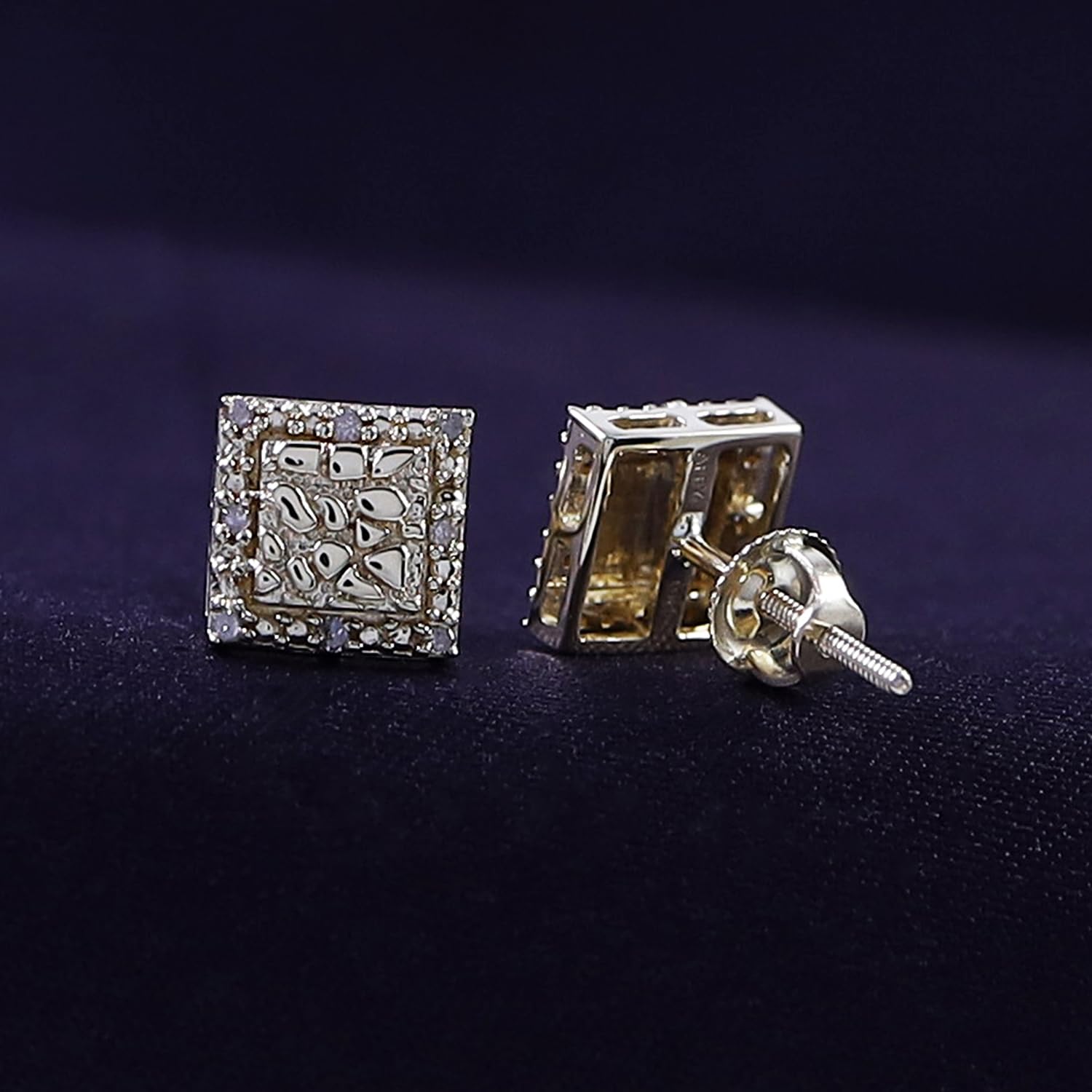 Round Natural White Diamond, Accents Square Shape Nugget Men's Studs Earrings in 10k Solid Yellow Gold (0.05 cttw) Screw Back Earring's gift for men's