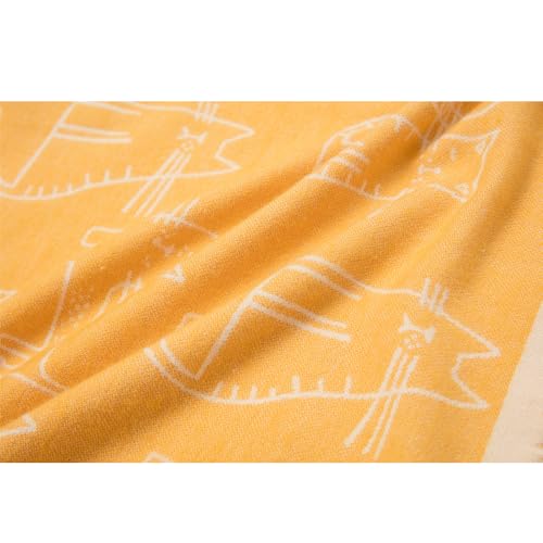 Women's Fringed Scarf Cat Print Pattern Cape Winter Cashmere Feel Shawl Warm Wrap Cat Yellow
