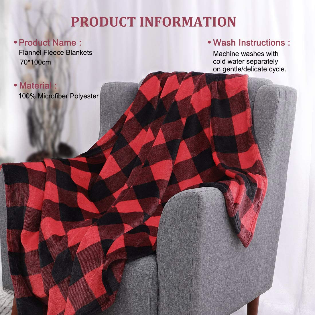 PiccoCasa Pet Dog Blanket, Flannel Fleece Puppy Blanket Plaid Plush Warm Rug Blankets for Small-Medium Dogs Cats Sleeping Mat, 30 x 40 Inches, Scarlet+Black