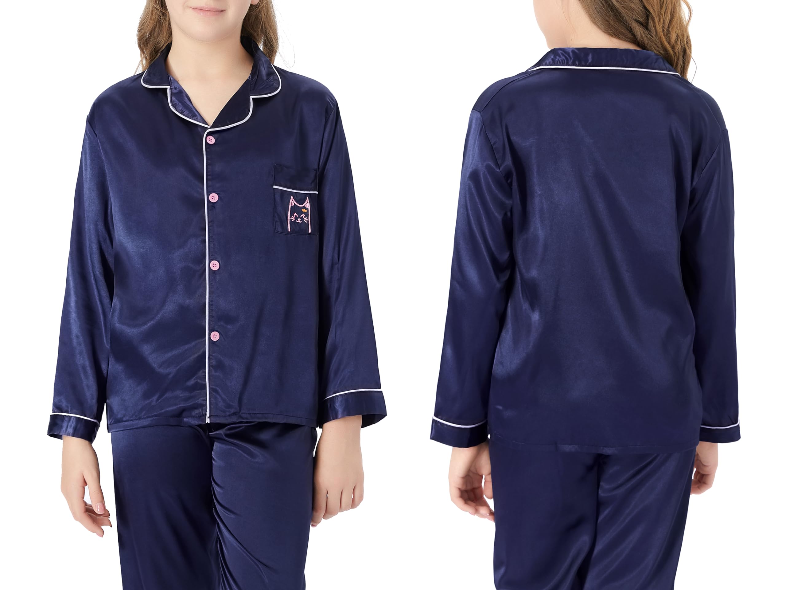 Topgal Junior Pajamas for Teen Girl - Satin Silky Button Up Cute Pyjama PJS Size 16 Navy