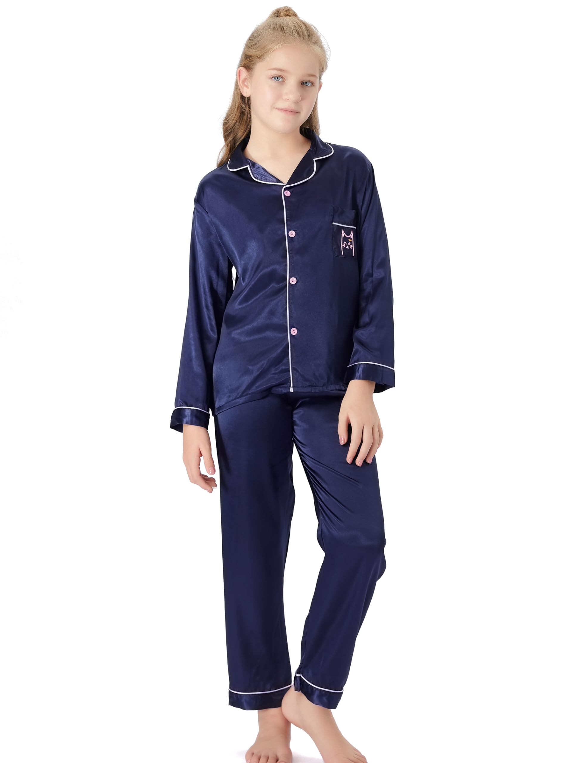 Topgal Junior Pajamas for Teen Girl - Satin Silky Button Up Cute Pyjama PJS Size 16 Navy