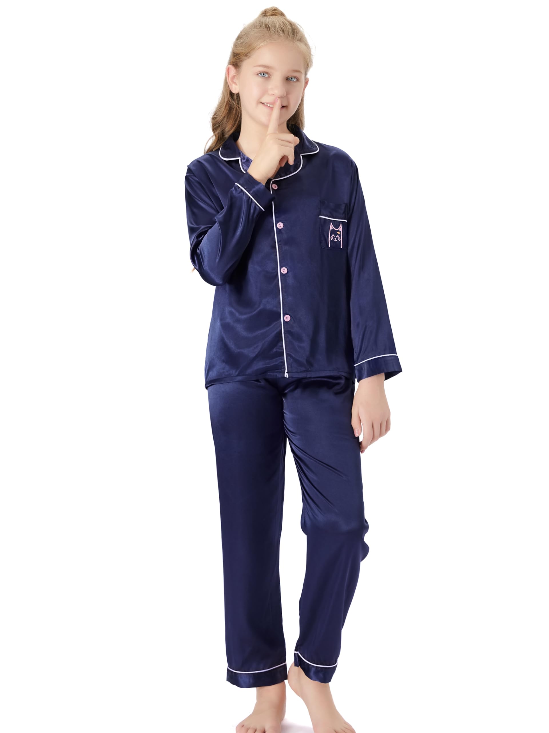 Topgal Junior Pajamas for Teen Girl - Satin Silky Button Up Cute Pyjama PJS Size 16 Navy