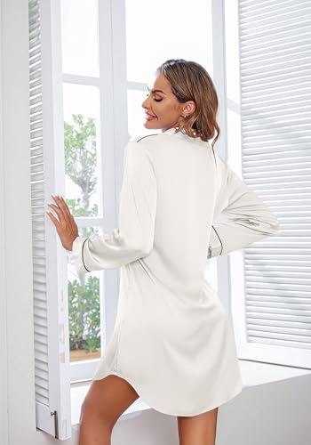 Ekouaer Women's Boyfriend Style Satin Sleep Shirts White