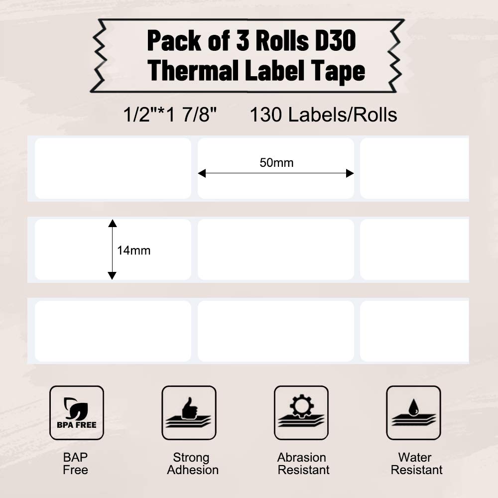 Phomemo D30 Label Maker Tape, Black on White Sticker Thermal Paper, Pre-Cut Self-Adhesive Label Tapes, 14 x 30mm /0.55 x 1.1 Inch (1/2" x 1 1/8") 210 Tapes/Roll, 3-Roll