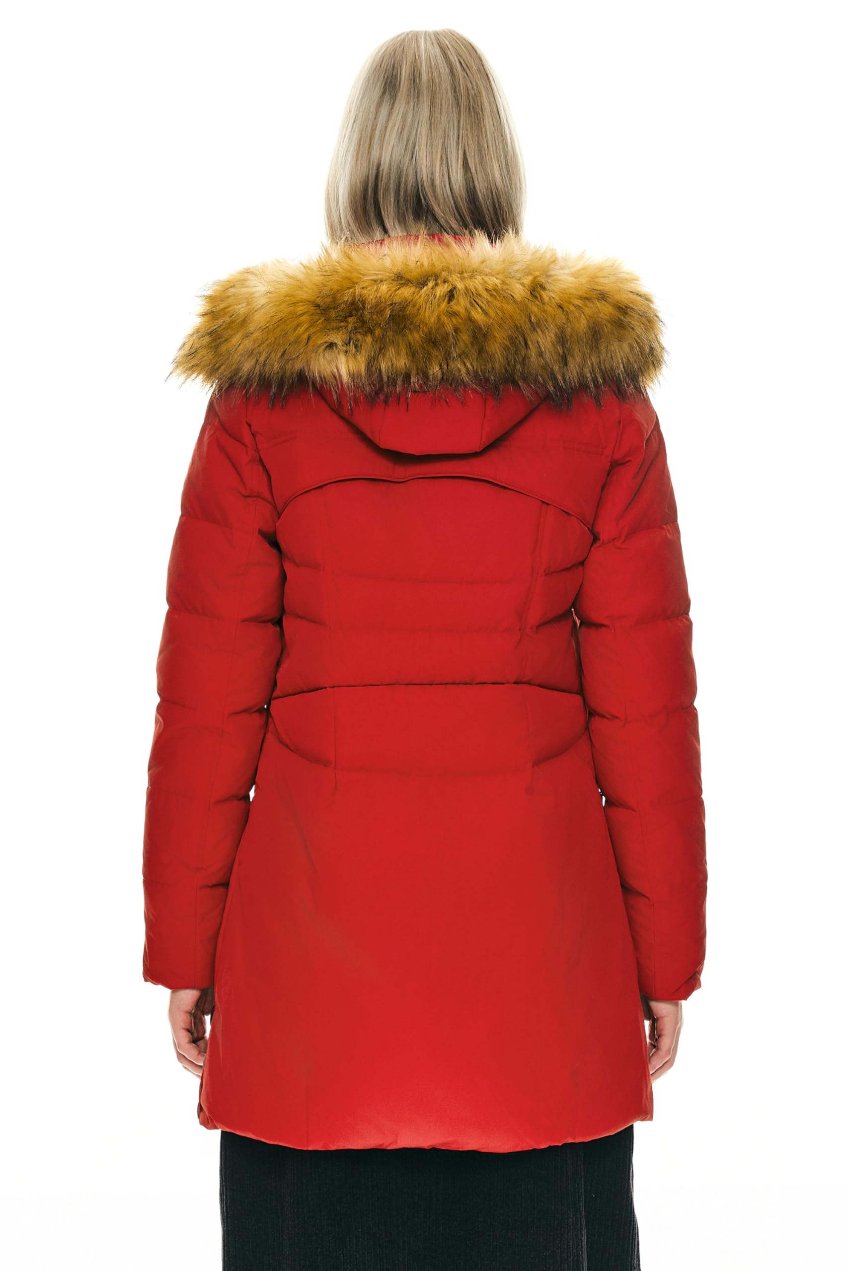 Orolay Women's Down Jacket with Faux Fur Trim Hood Red XL