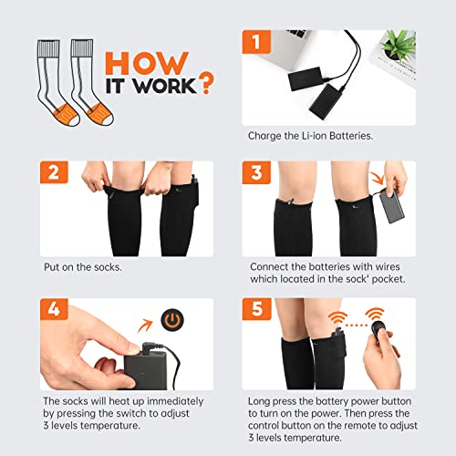 Velazzio Heated Socks for Men Women, Remote Control 4000mAh 3.7V Rechargeable Electric Heated Socks with 3 Heat Settings for Winter Sports (Black, Large)