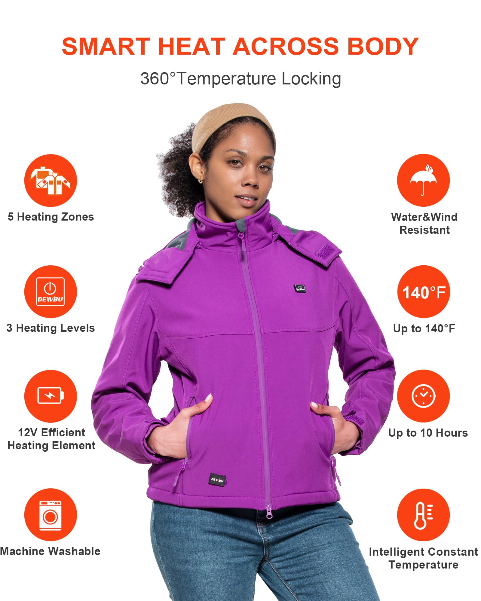 DEWBU Soft Shell Heated Jacket for Women with 12V Battery Pack and Detachable Hood Outdoor Electric Heating Coat, Purple, XL