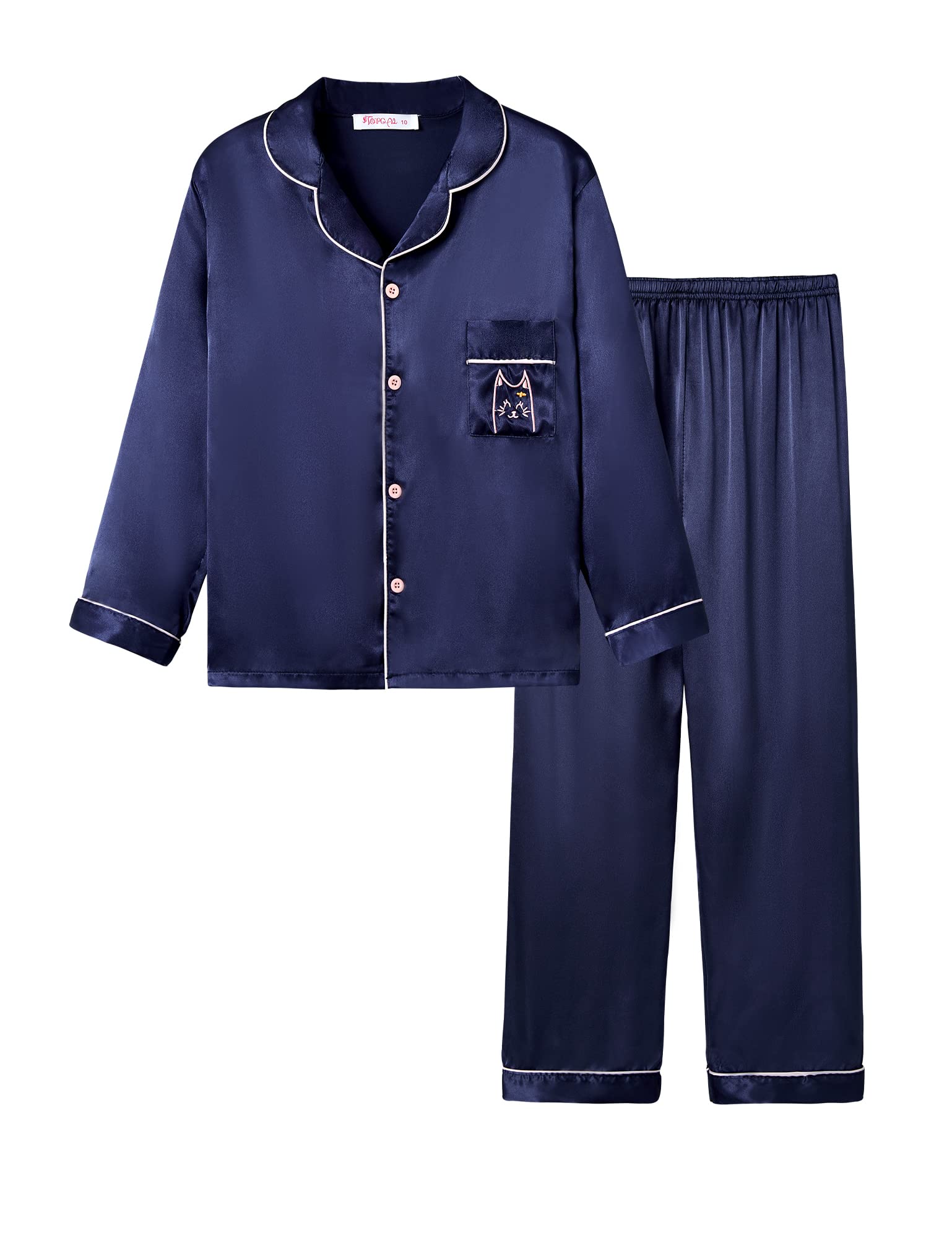 Topgal Junior Pajamas for Teen Girl - Satin Silky Button Up Cute Pyjama PJS Size 16 Navy