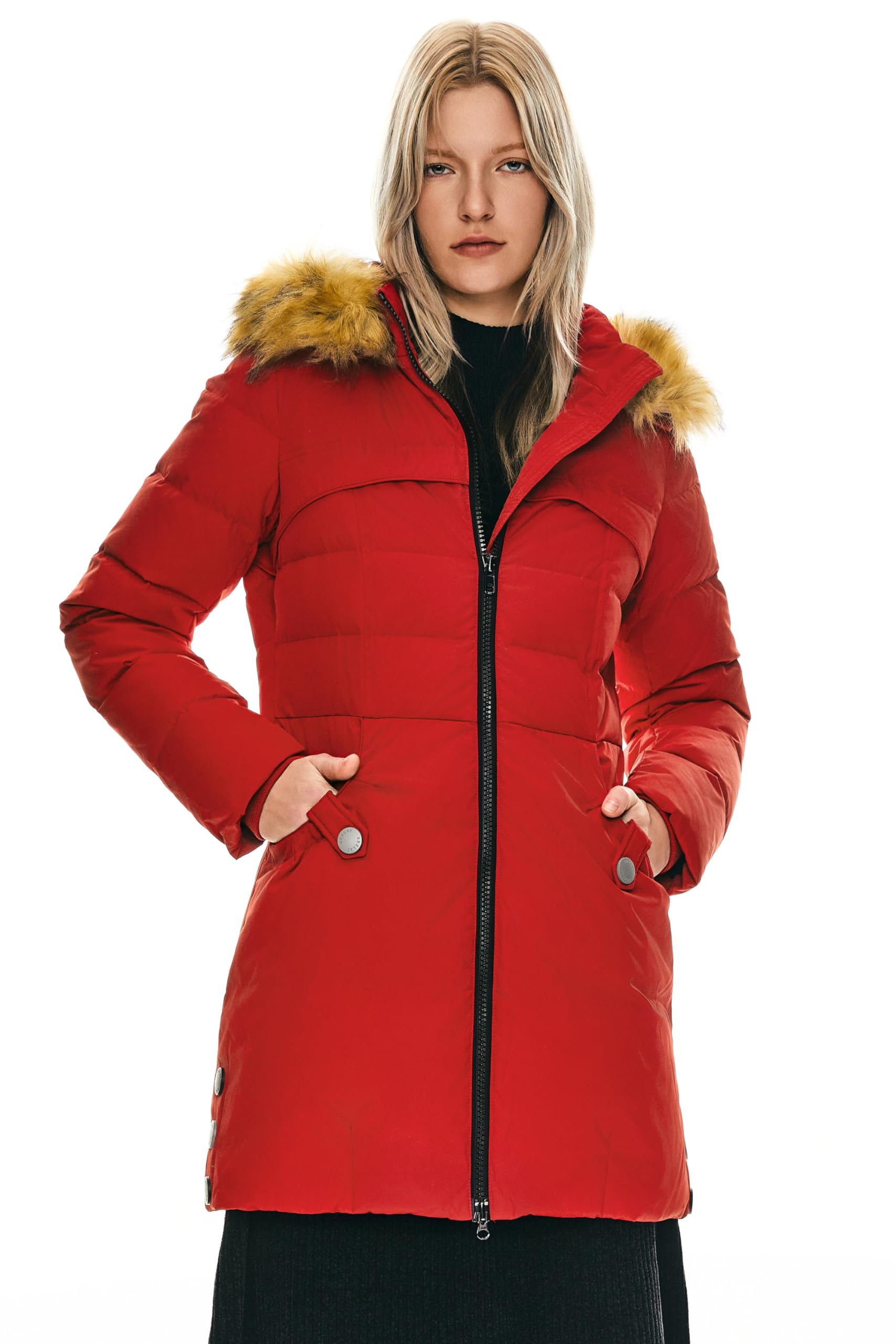 Orolay Women's Down Jacket with Faux Fur Trim Hood Red XL
