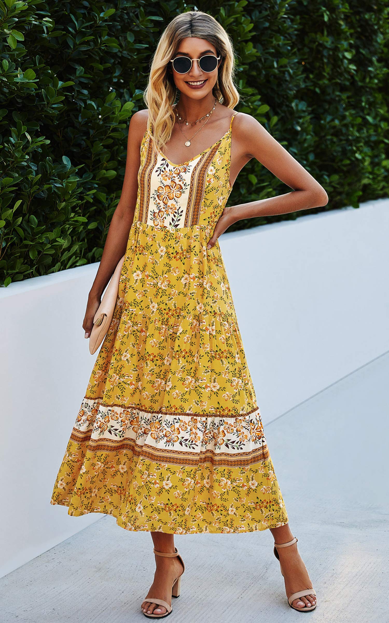 Angashion Women's Dresses Floral Adjustable Spaghetti Strap V Neck Boho Long Maxi Dress Summer Beach Flowy Ethnic Sundress 2141 Yellow Medium
