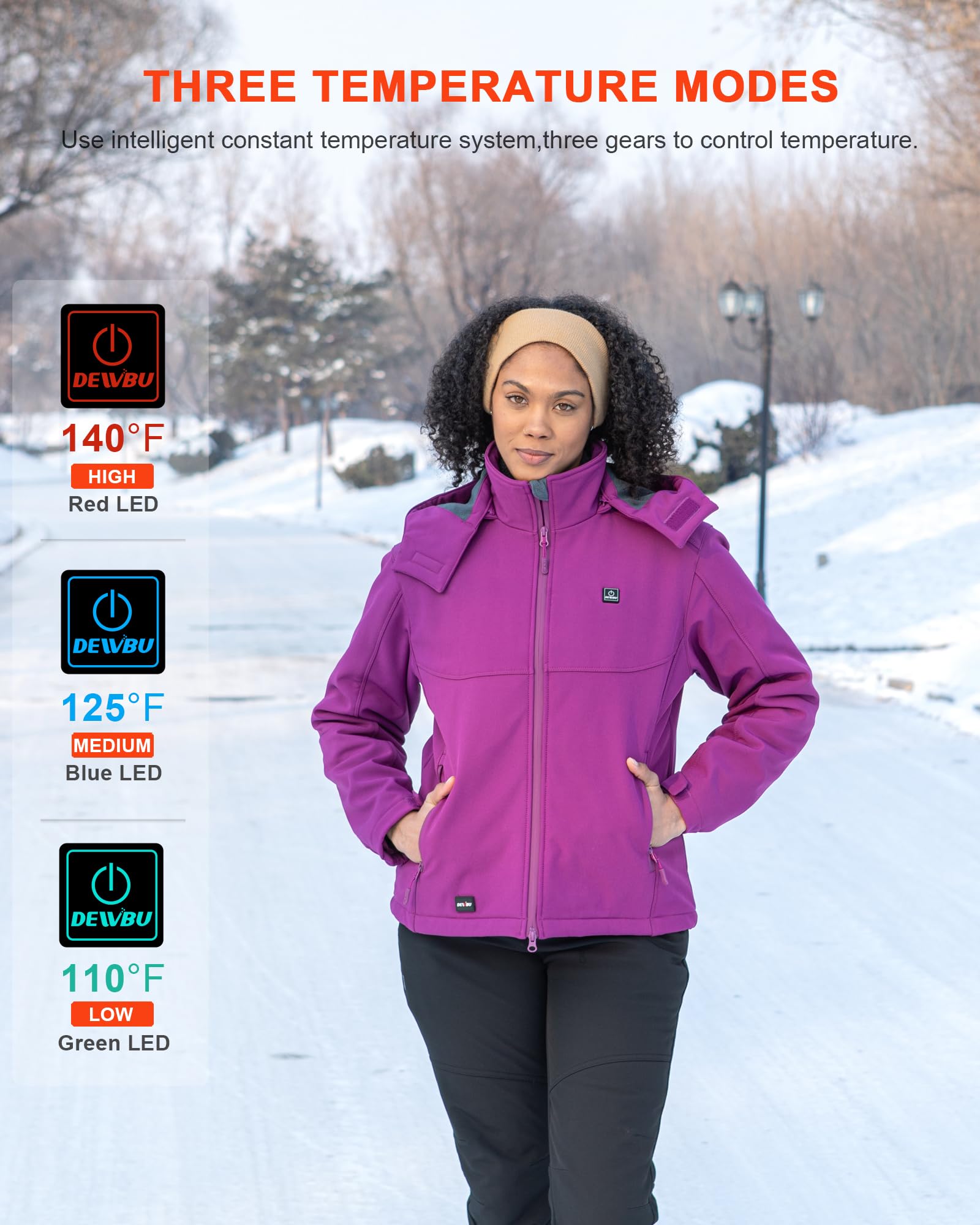 DEWBU Soft Shell Heated Jacket for Women with 12V Battery Pack and Detachable Hood Outdoor Electric Heating Coat, Purple, XL