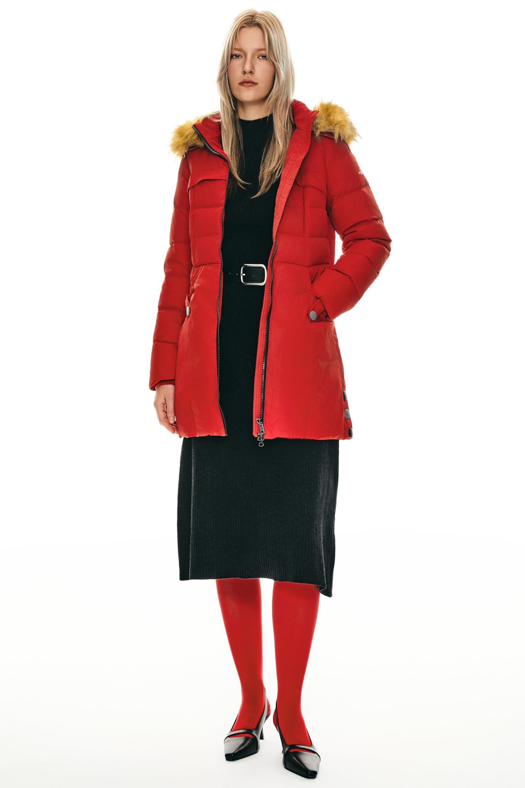 Orolay Women's Down Jacket with Faux Fur Trim Hood Red XL