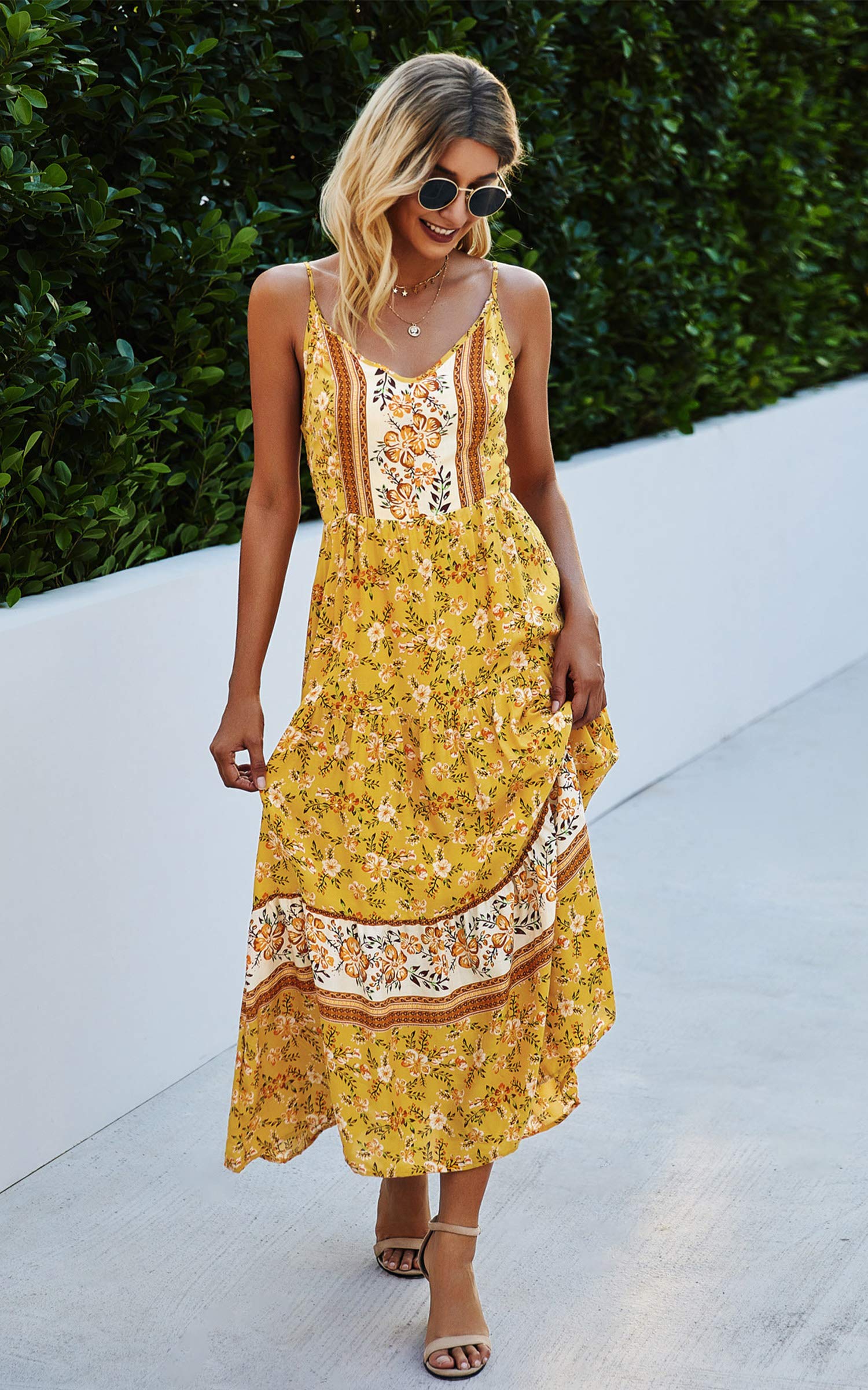 Angashion Women's Dresses Floral Adjustable Spaghetti Strap V Neck Boho Long Maxi Dress Summer Beach Flowy Ethnic Sundress 2141 Yellow Medium