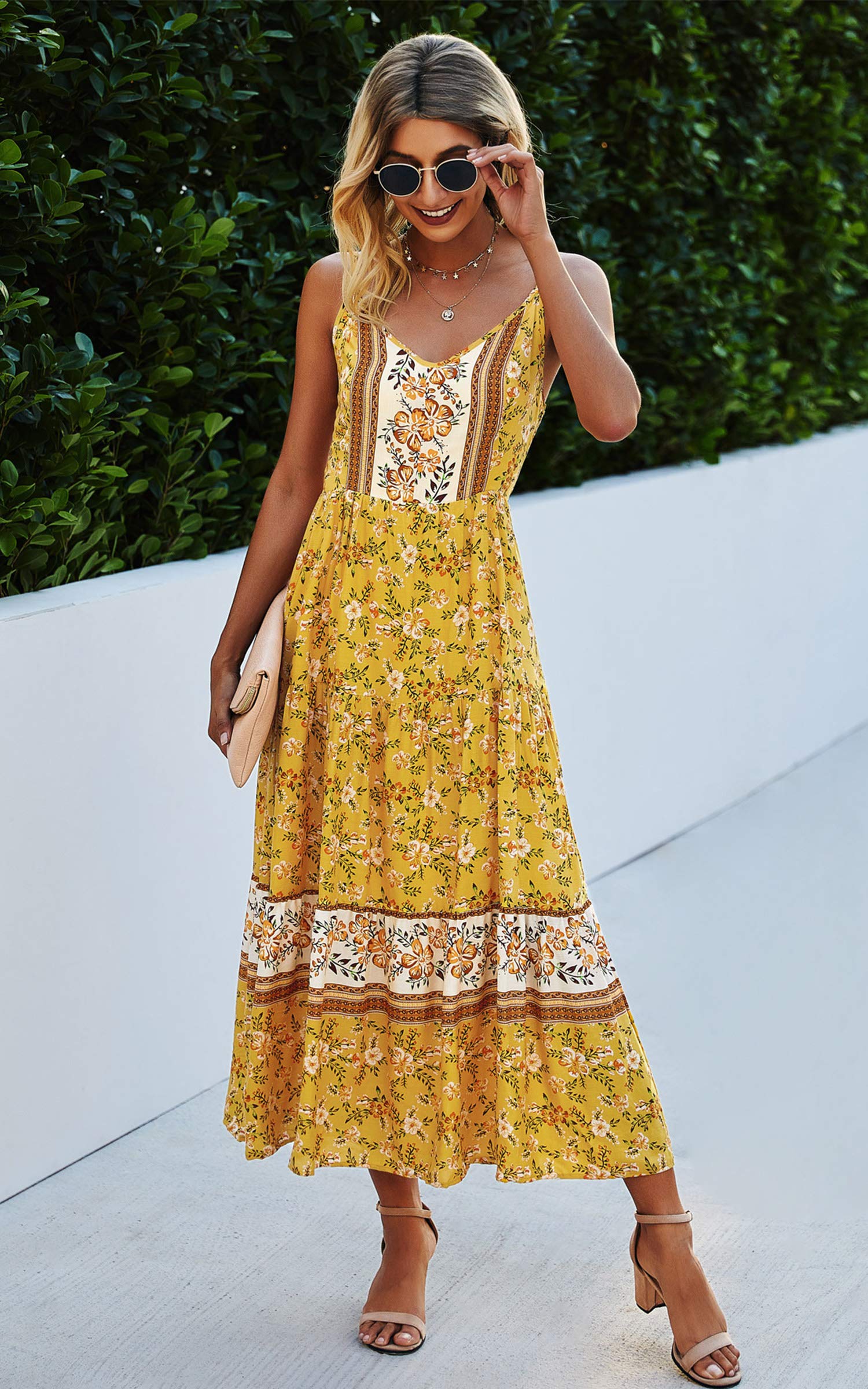 Angashion Women's Dresses Floral Adjustable Spaghetti Strap V Neck Boho Long Maxi Dress Summer Beach Flowy Ethnic Sundress 2141 Yellow Medium