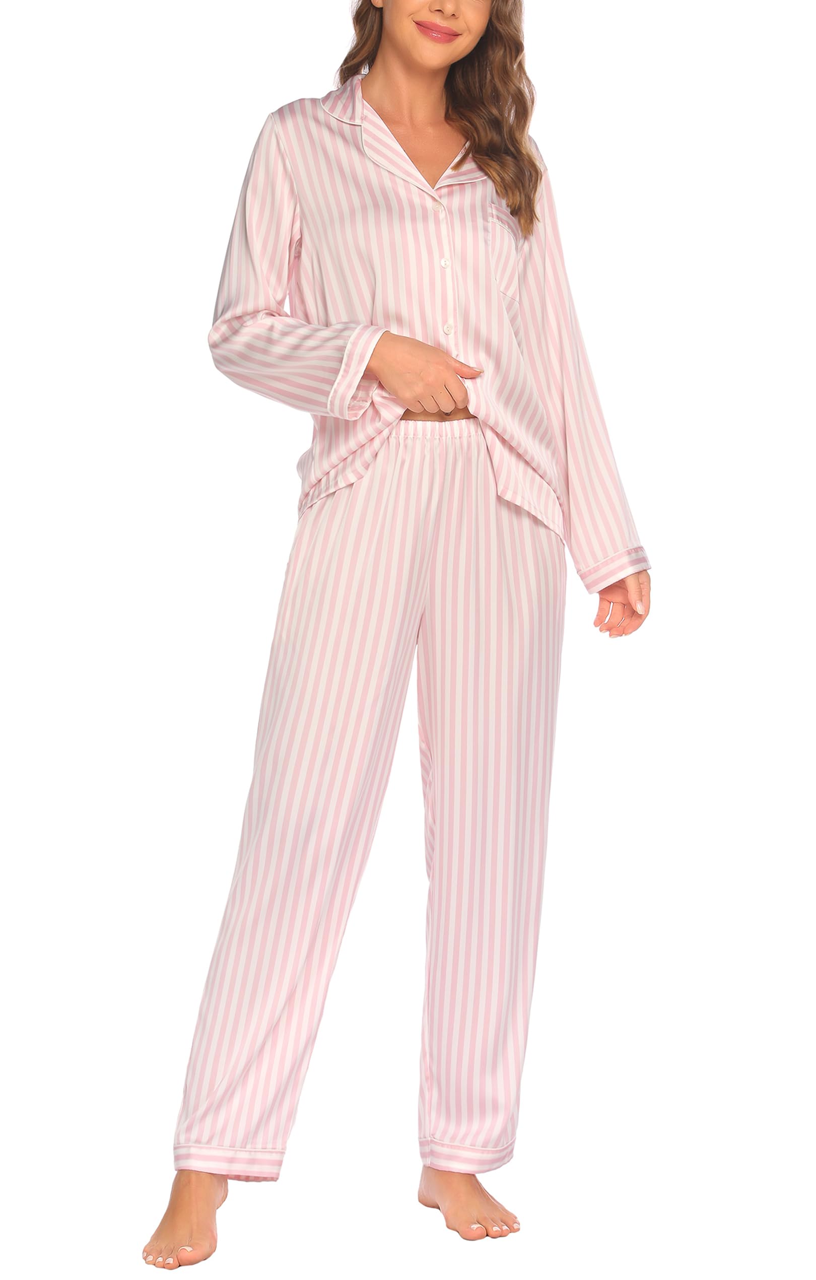 Ekouaer Silk Satin Pajamas Women's Long Sleeve Pj Set Soft Button Down 2 Piece Sleepwear Loungewear Pink Striped,M
