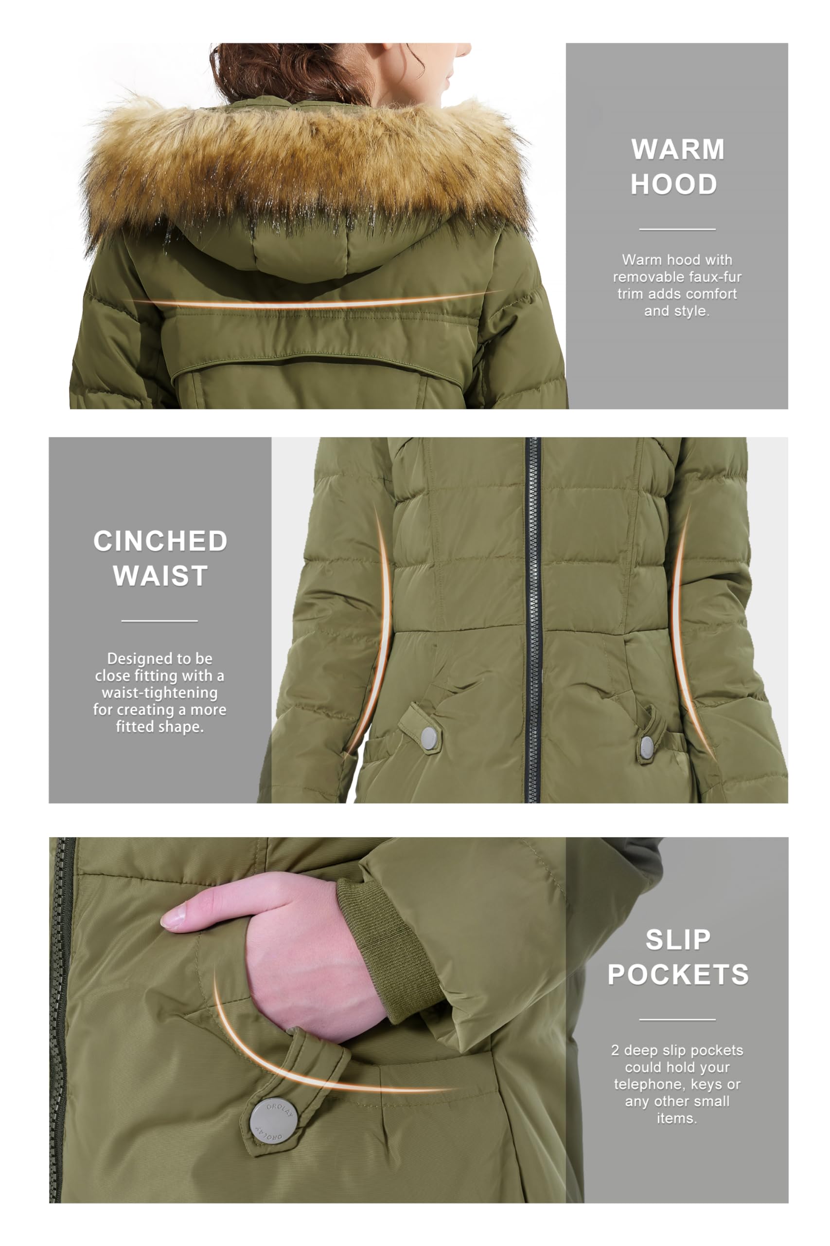 Orolay Women's Down Jacket with Faux Fur Trim Hood Red XL