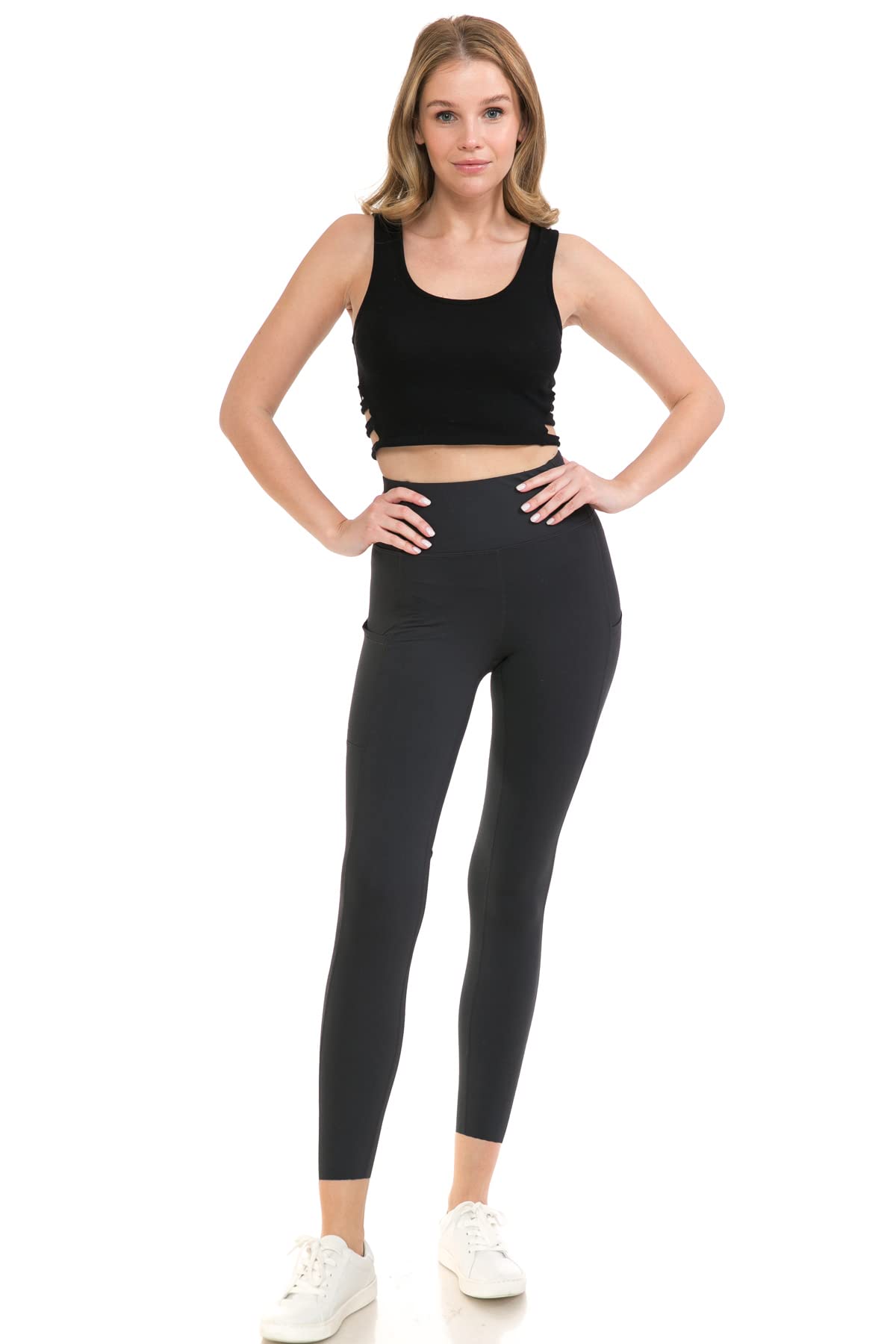 Leggings Depot High Waist 7/8 Leggings Workout Yoga Pants with Pockets (Black, Medium)