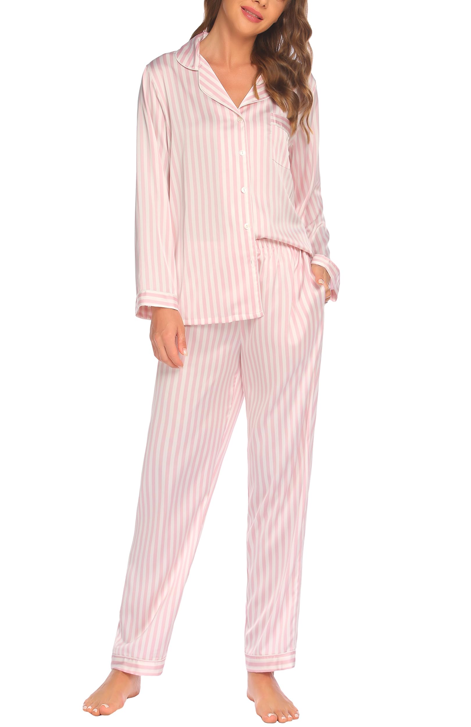 Ekouaer Silk Satin Pajamas Women's Long Sleeve Pj Set Soft Button Down 2 Piece Sleepwear Loungewear Pink Striped,M