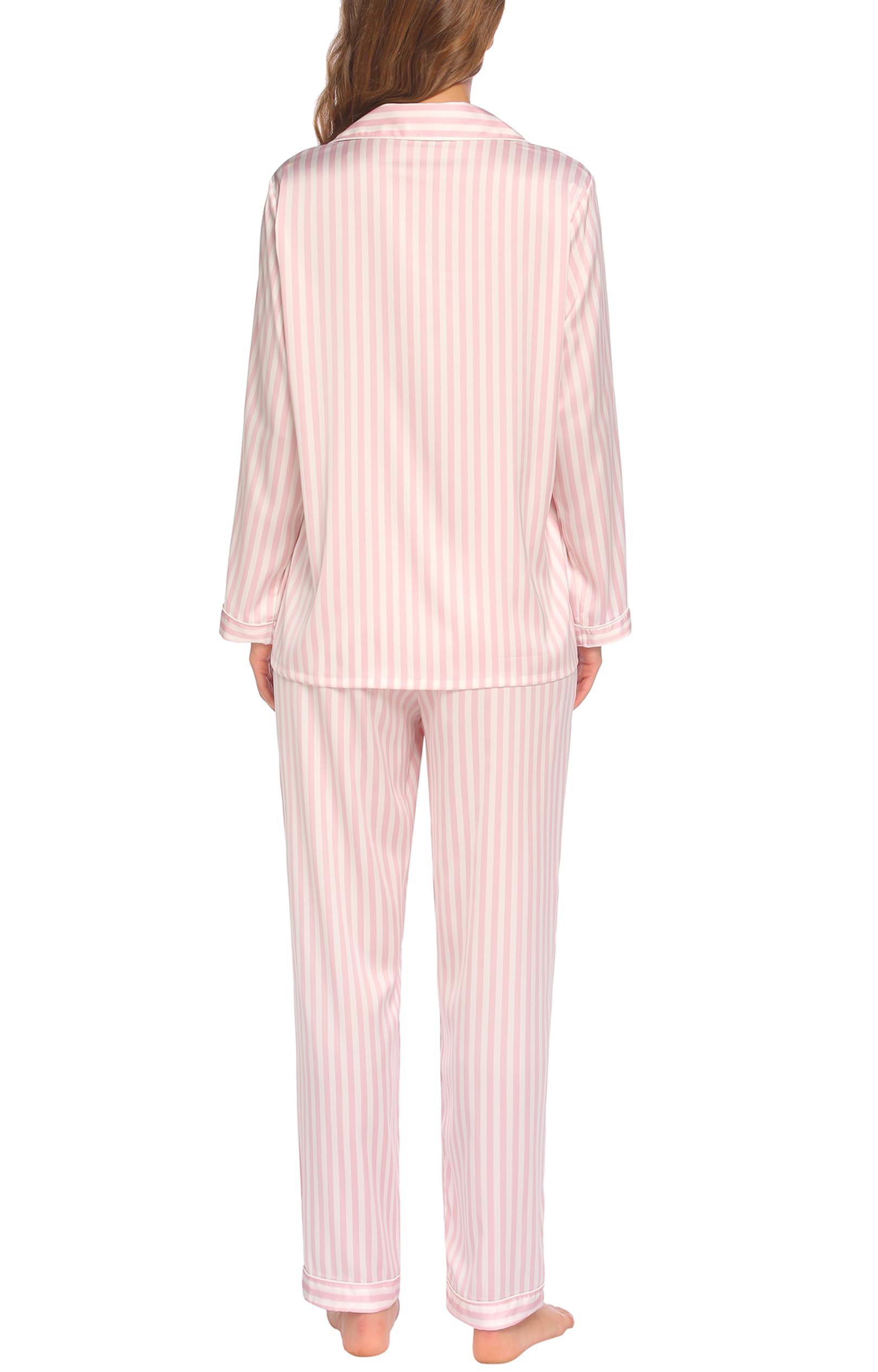 Ekouaer Silk Satin Pajamas Women's Long Sleeve Pj Set Soft Button Down 2 Piece Sleepwear Loungewear Pink Striped,M